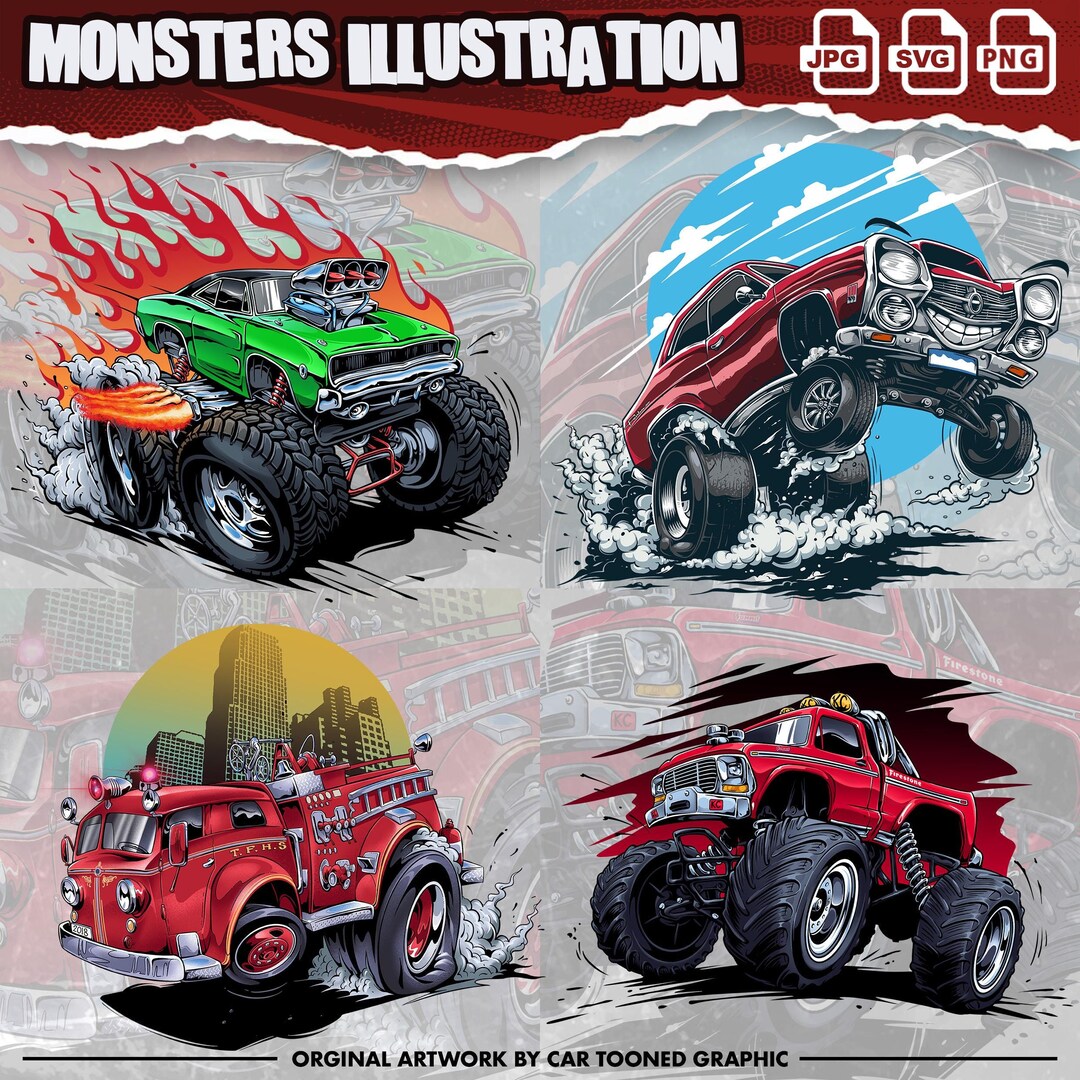 Monster Hotroad Illustration, Cars Graphic, Handmade Artwork, Drawing ...