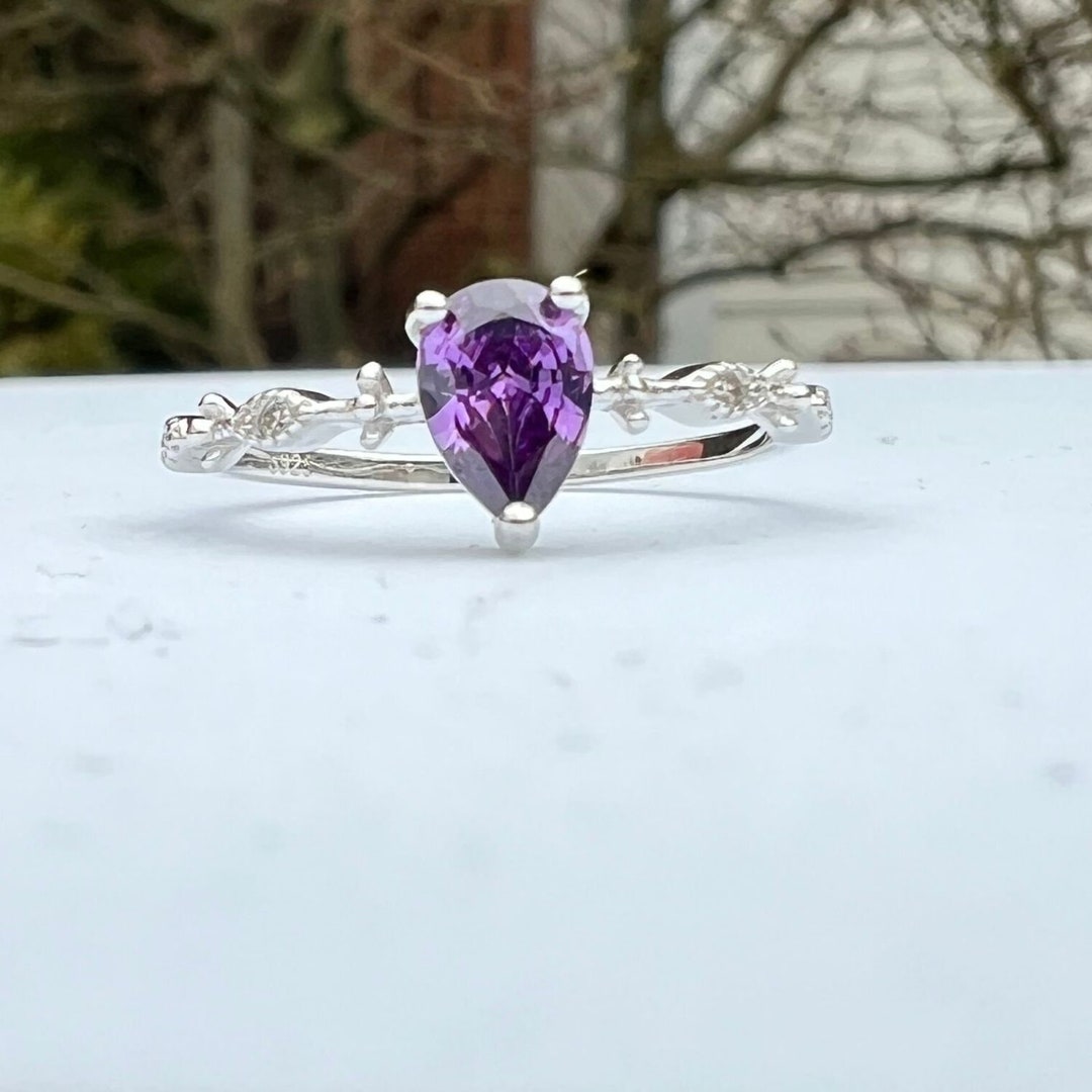 Dainty Amethyst Teardrop Stacking Ring in Platinum Over Silver - Etsy