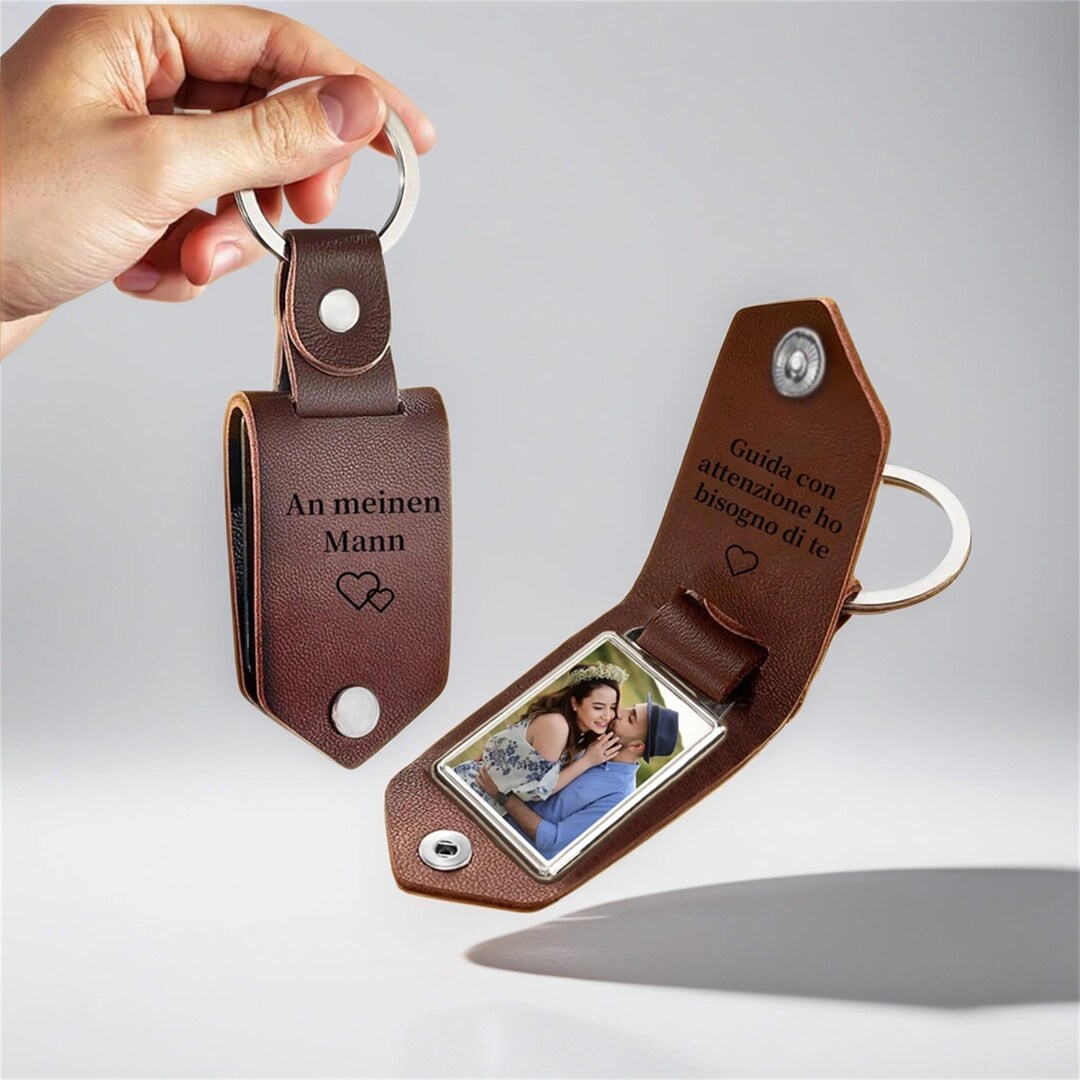 Personalized Men Leather Keychain, Photo Metal Tag Keychain, Engraved ...