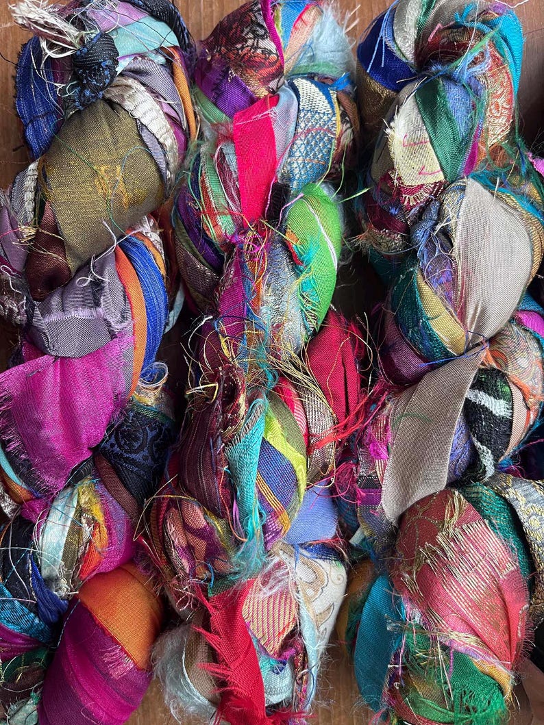 20 Meters Vintage Recycled Sari Ribbon Yarn Skein 100gm Each One is ...