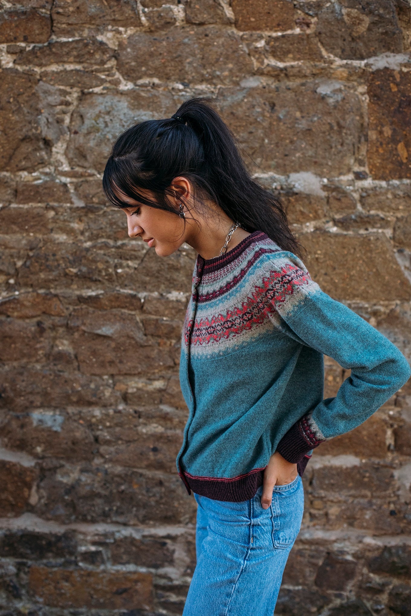 Alpine Cropped Cardigan by Eribe in Old Rose 100% Lambswool Fairisle ...