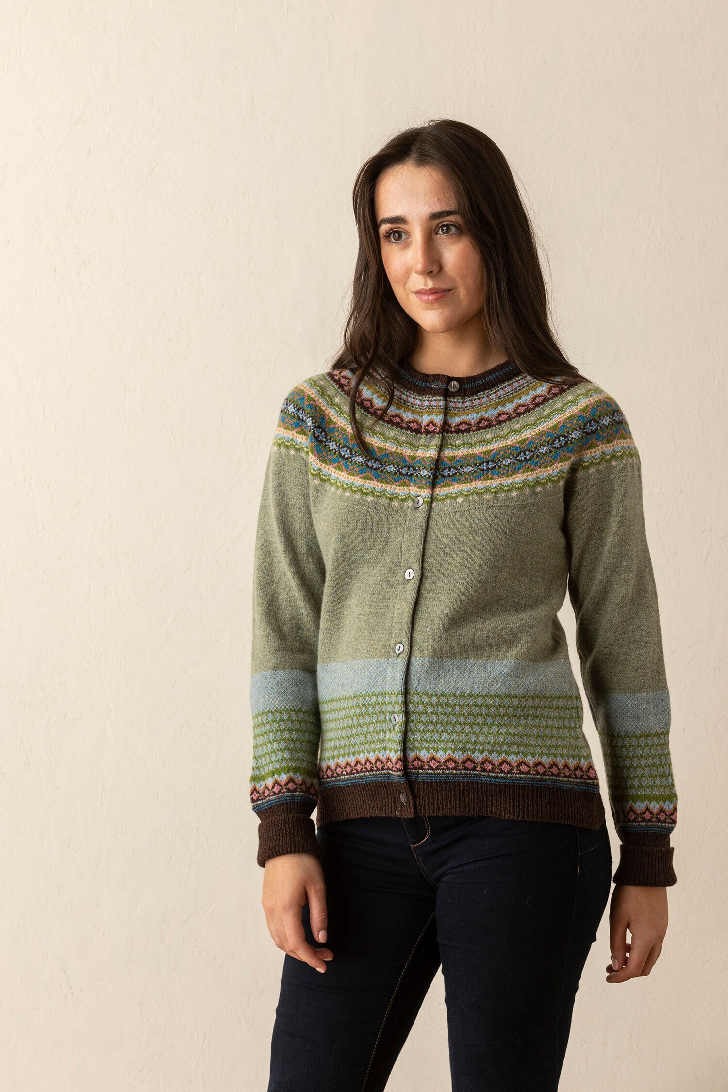 Alpine Cardigan by Eribe in Willow 96% Lambswool With Angora Fairisle ...