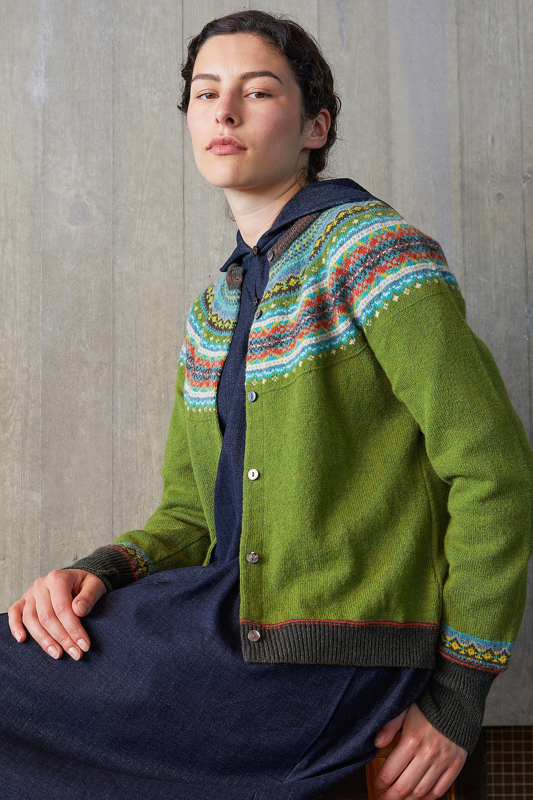 Alpine Cropped Cardigan by Eribe in Moss 100% Lambswool Fairisle Short ...