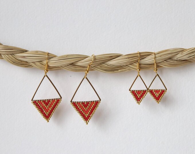 Red and Gold Indigenous Beaded Triangle Earrings With Toho Treasues ...