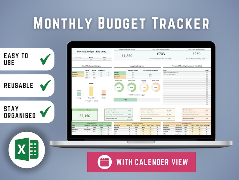 Easy to Use Monthly Budget Spreadsheet for Excel With Calender View ...