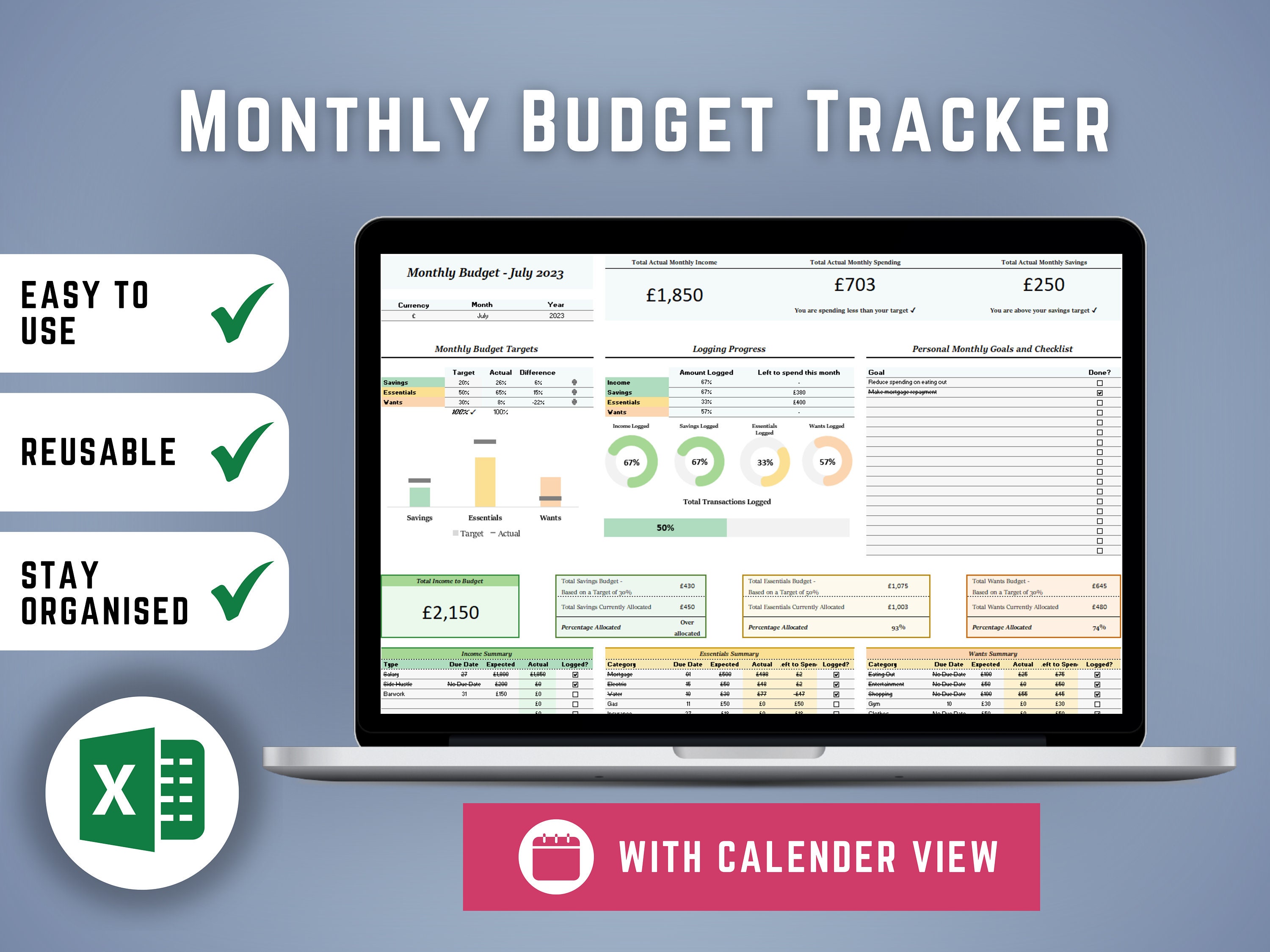 Easy to Use Monthly Budget Spreadsheet for Excel With Calender View ...