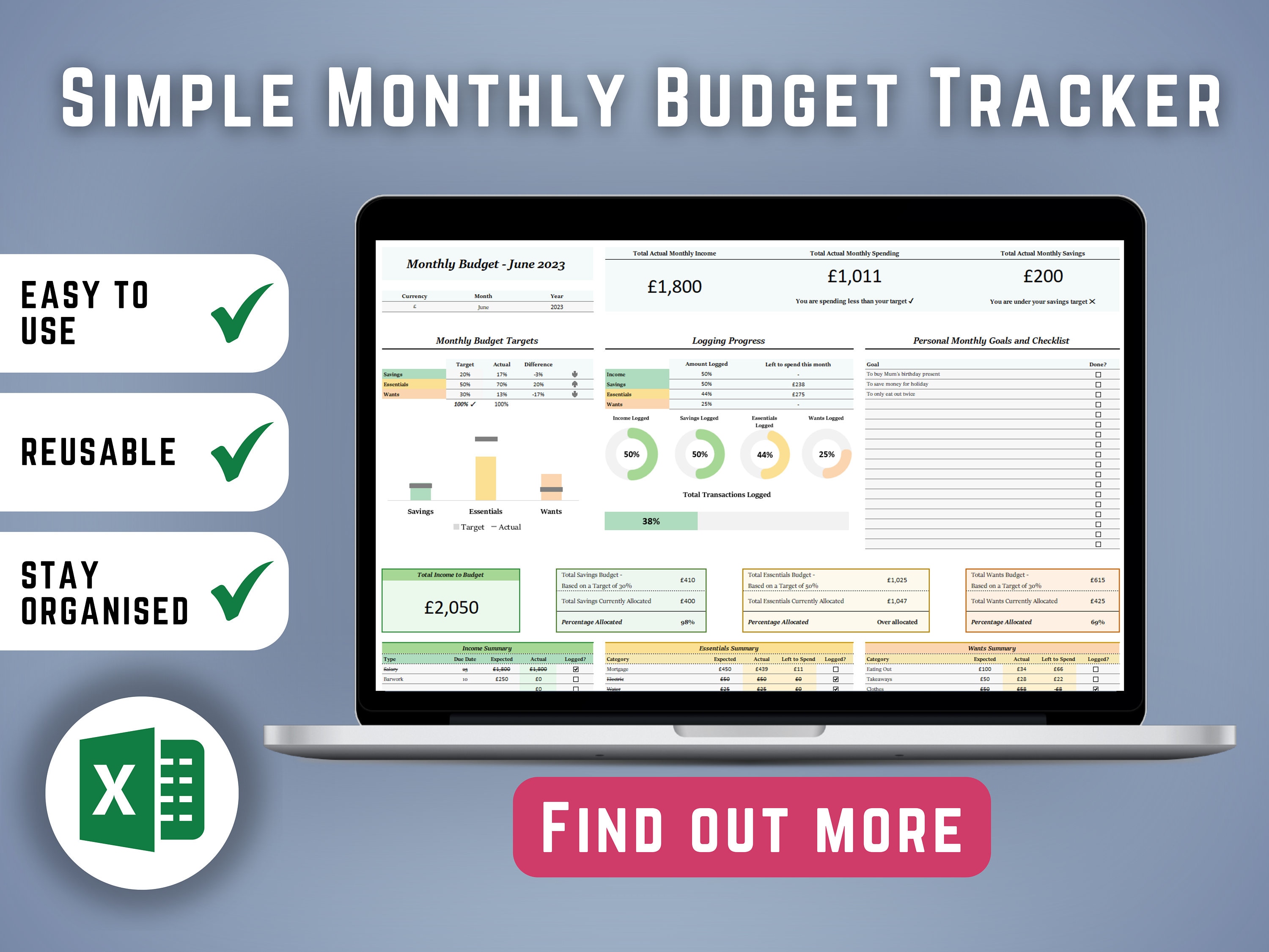 Simple Monthly Budget Spreadsheet for Excel | Financial Planner | Clear ...
