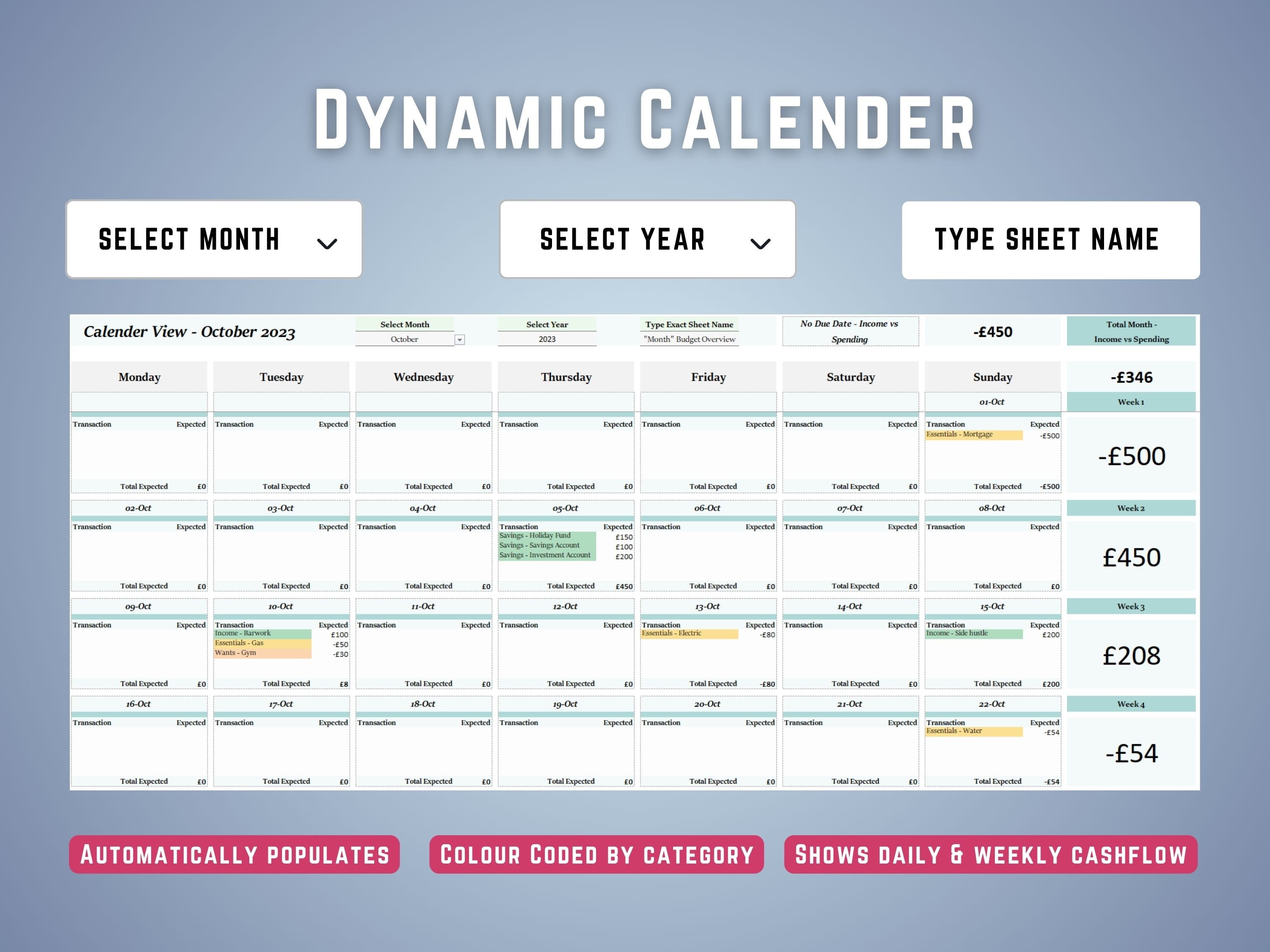 Easy to Use Monthly Budget Spreadsheet for Excel With Calender View ...