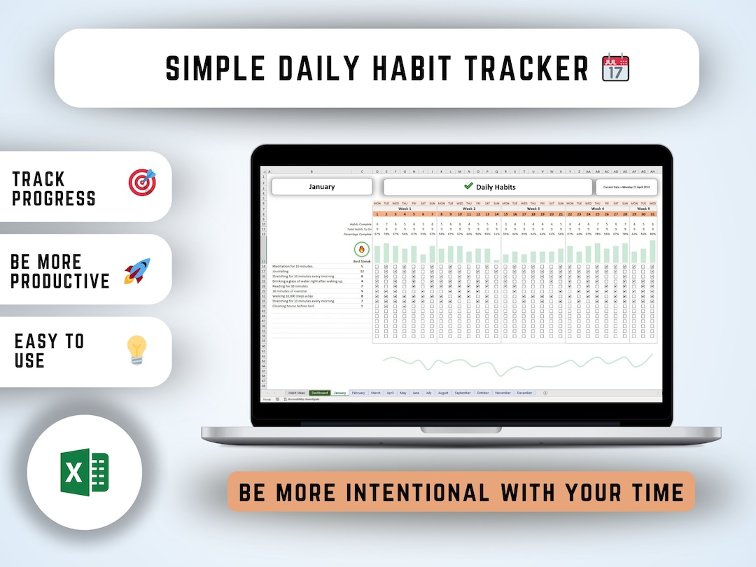 Simple Daily Habit Tracker With Checkboxes | Set Custom Daily Habits and Goals | Easy-to-use ...