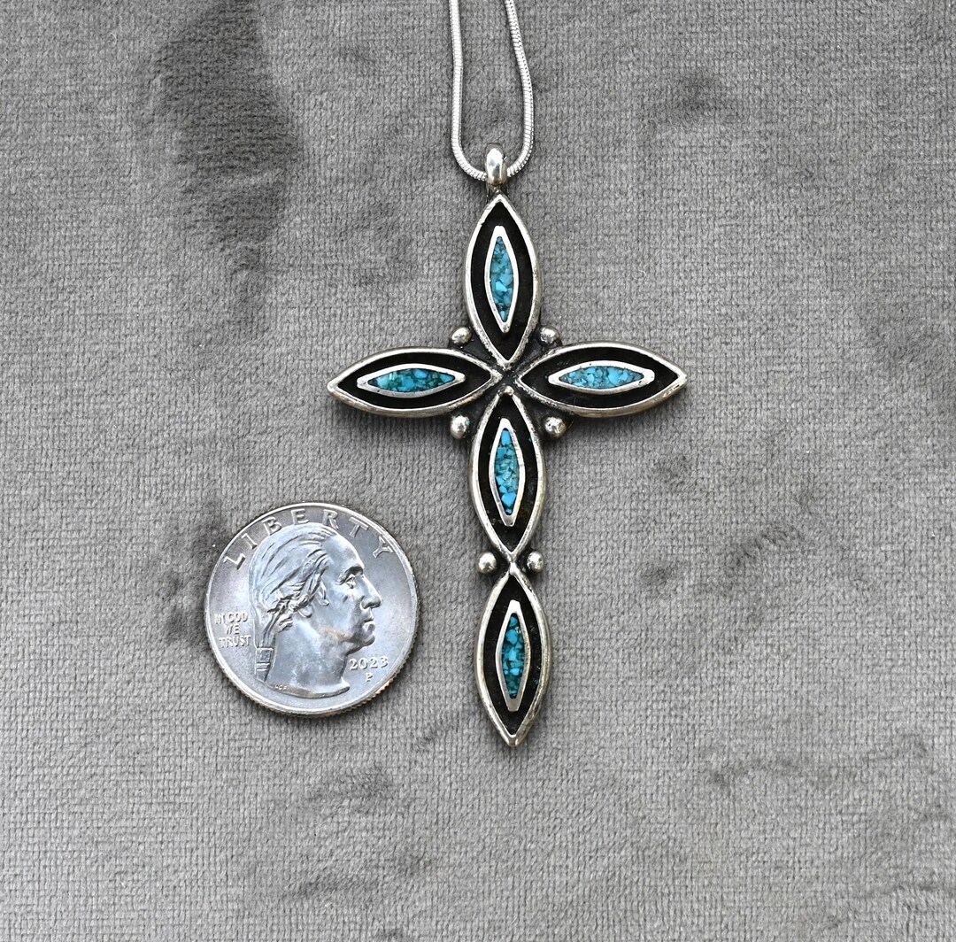 Old Big Native American Turquoise Inlay and Sterling Cross 18.3 Grams ...
