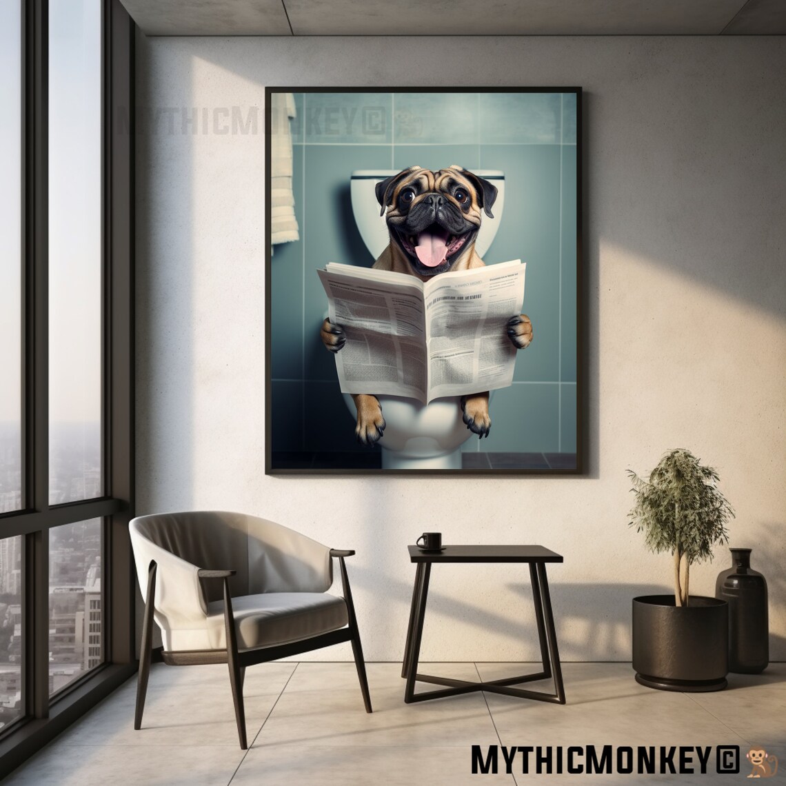 Mops Pug Sitting on the Toilet Reading a Newspaper, Funny Bathroom ...