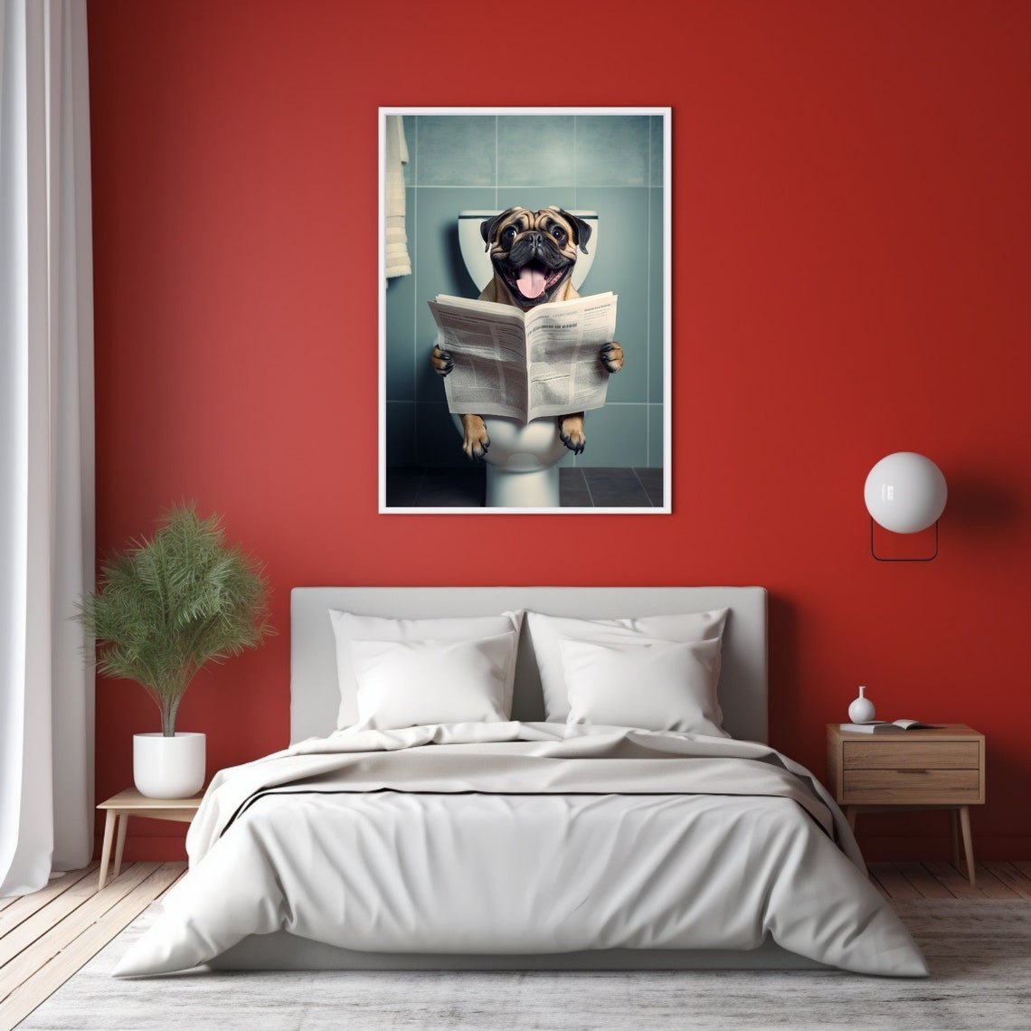 Mops Pug Sitting on the Toilet Reading a Newspaper, Funny Bathroom ...