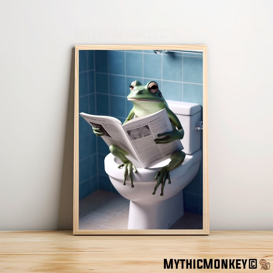 Frog Sitting on the Toilet Reading a Newspaper, Funny Bathroom Humor ...
