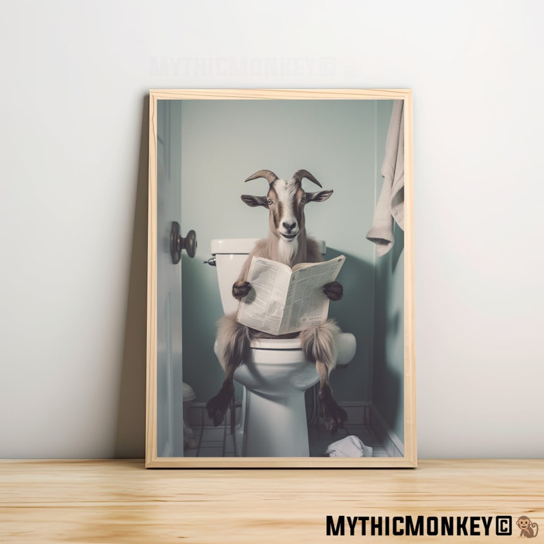 Goat Sitting on the Toilet Reading a Newspaper, Funny Bathroom Humor ...