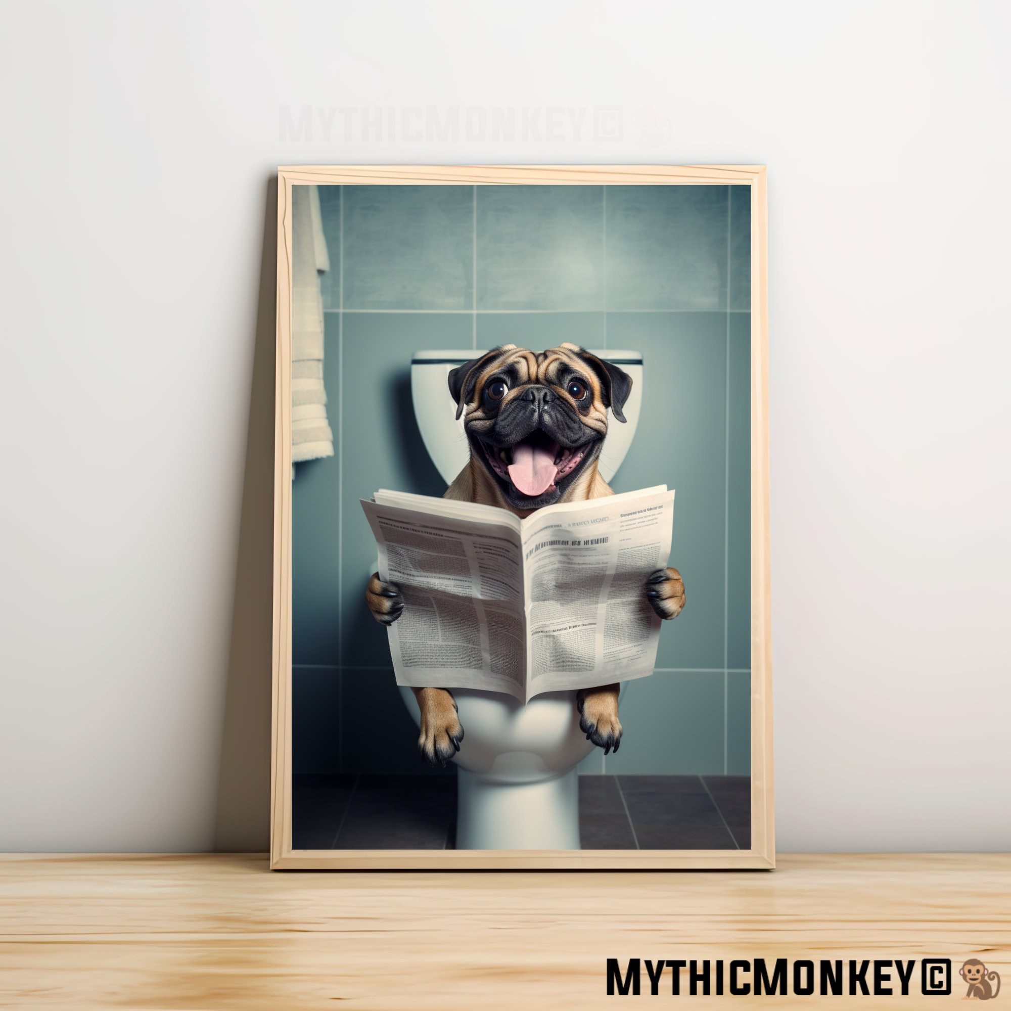 Mops Pug Sitting on the Toilet Reading a Newspaper, Funny Bathroom ...