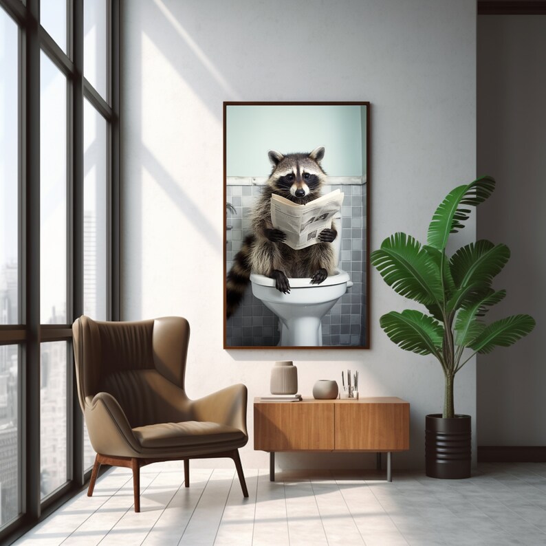 Racoon Sitting on the Toilet Reading a Newspaper, Funny Bathroom Humor, Wall Decor, Funny Animal ...