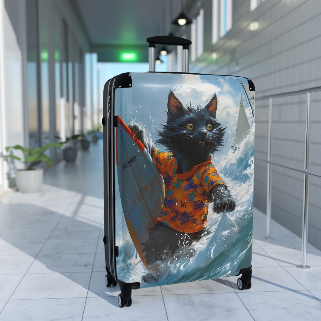 Black Cat Surfing Suitcase – Stylish Travel Luggage - Etsy
