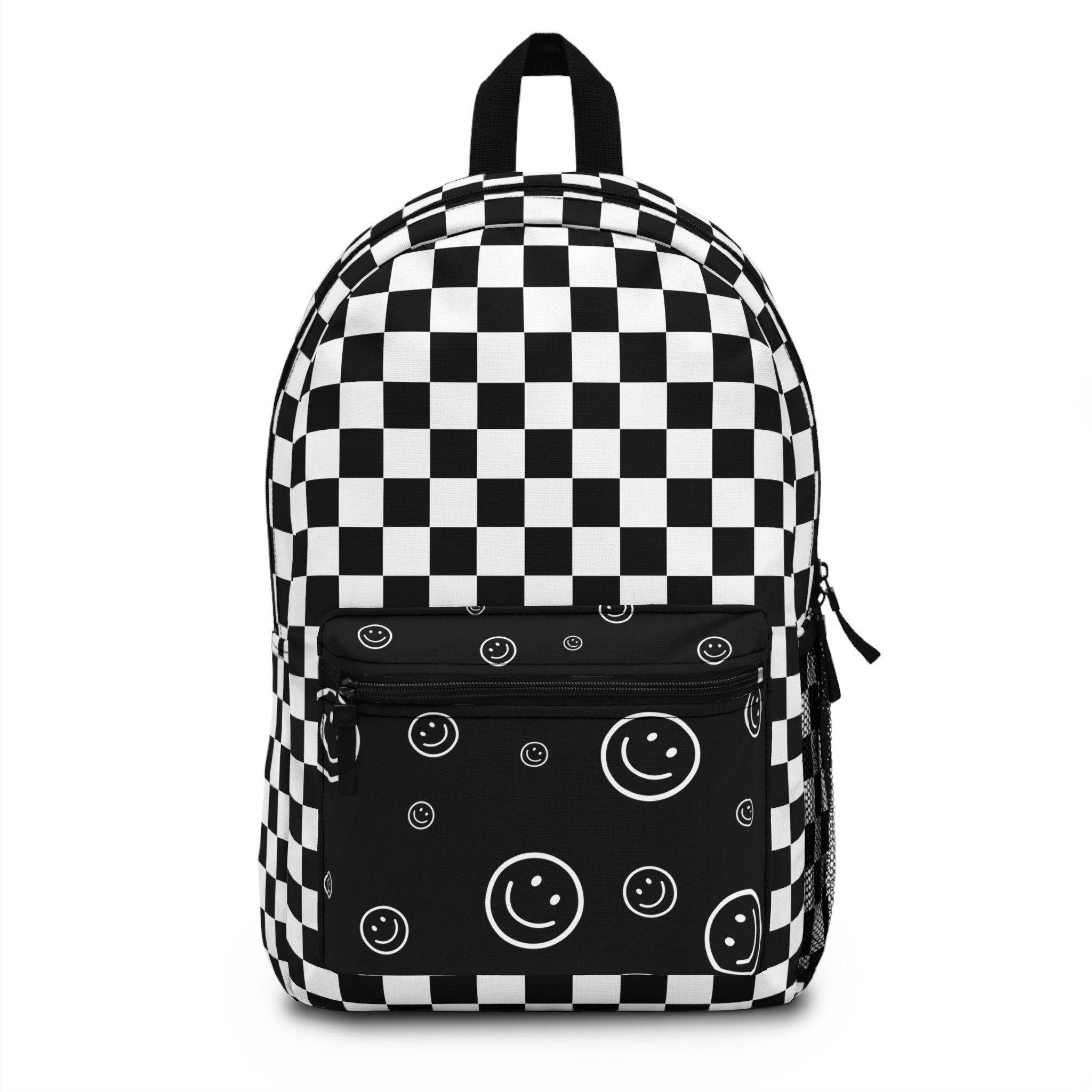 Durable Black Smiley Face and Checkered Backpack - Lightweight ...
