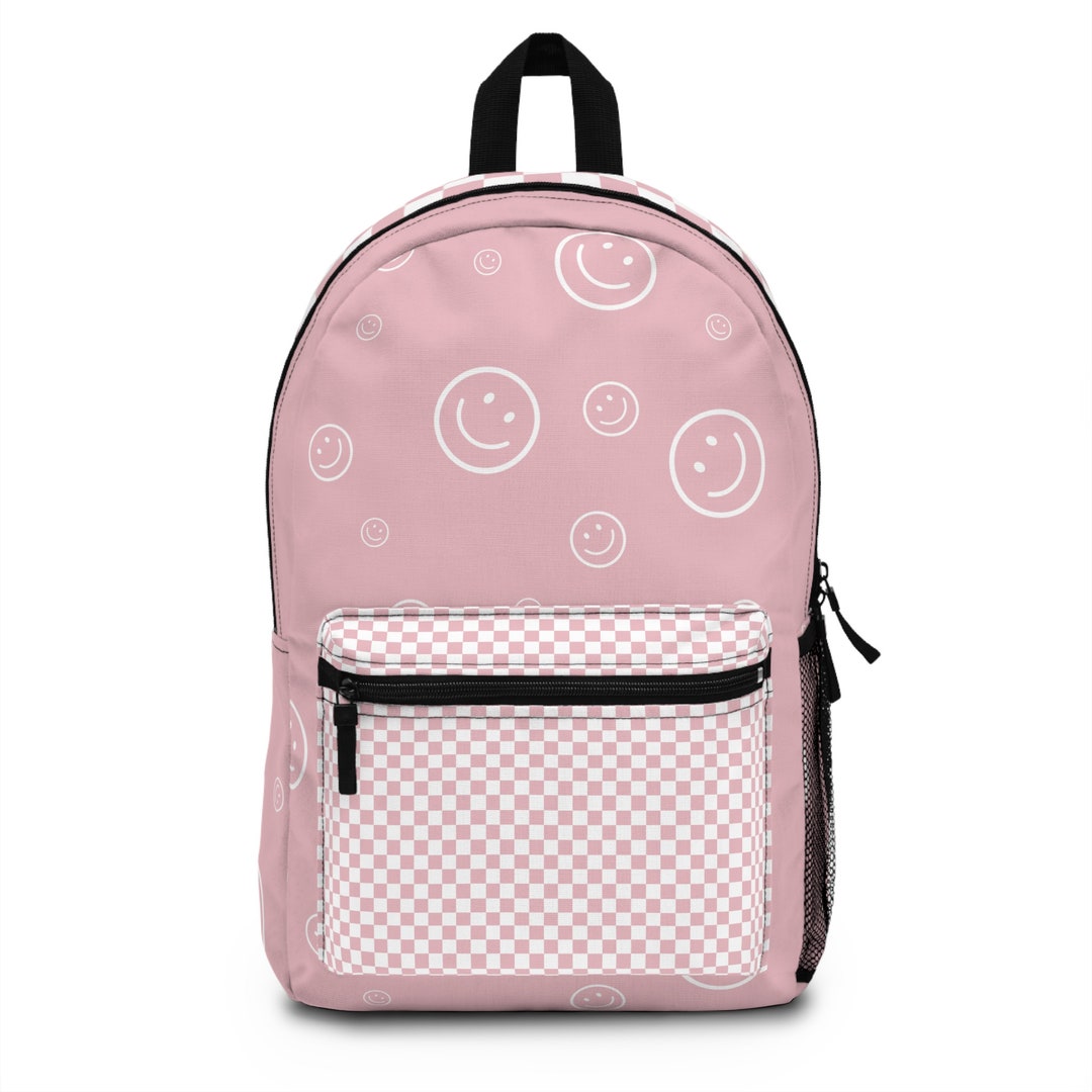 Pink Smiley Face and Checkered Backpack - Roomy, Durable, Lightweight ...