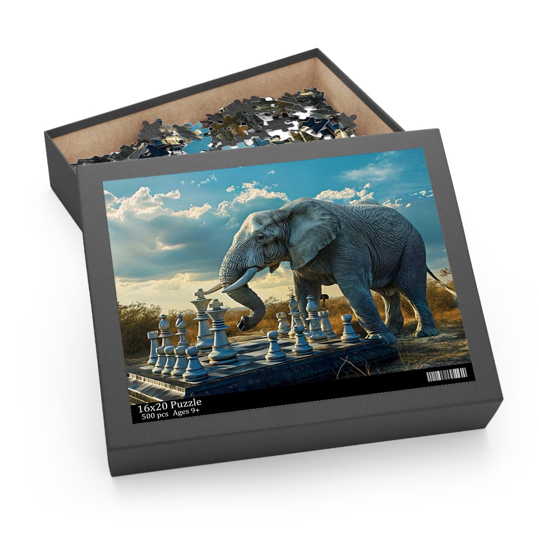 Elephant Playing Chess Jigsaw Puzzle - High-quality Chipboard, 3 Sizes ...