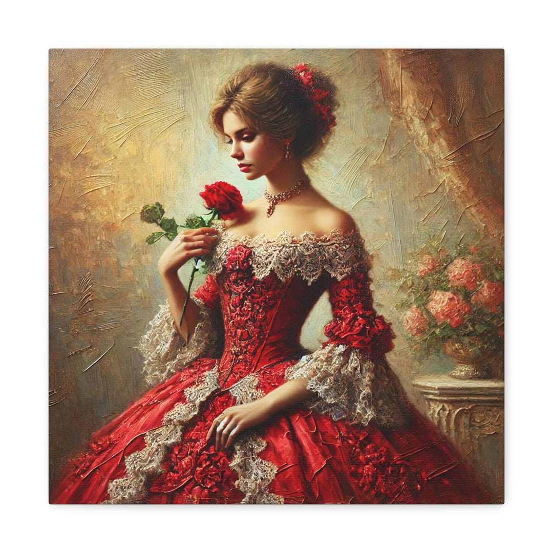 Elegant Lady in Red Holding a Rose - Vintage Oil Painting Canvas ...