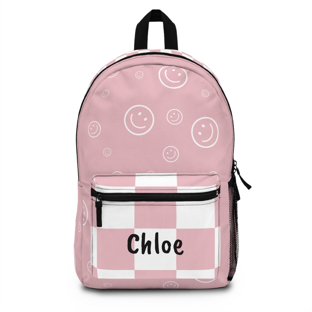 Personalize Pink Smiley Face and Checkered Backpack - Lightweight ...