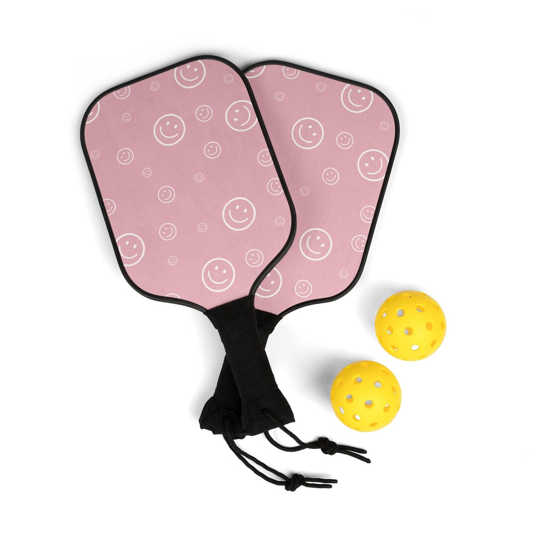 Pink Smiley Face Pickleball Kit - Custom Paddles & Balls Set for On-the ...