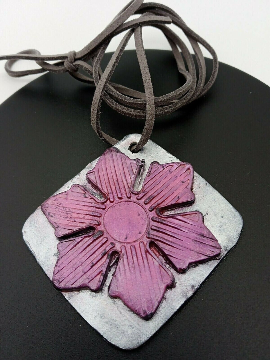 Polymer Clay Pink Flower Pendant Necklace Handmade Artisan Grey Cord ...