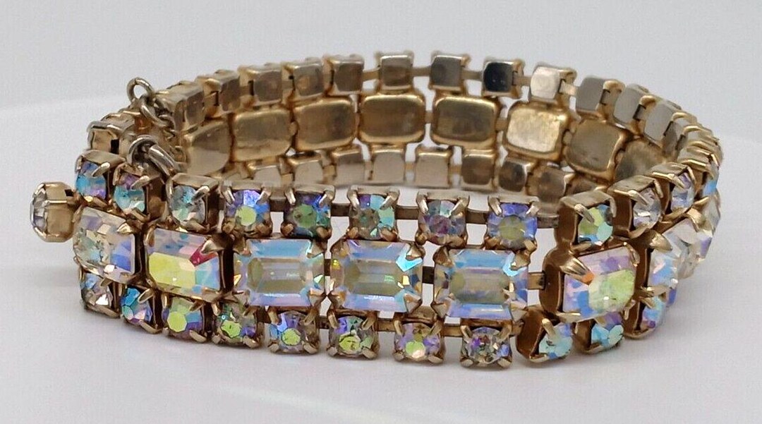 Kramer NY Aurora Borealis Baguette Rhinestone Bracelet Gold Tone Metal ...