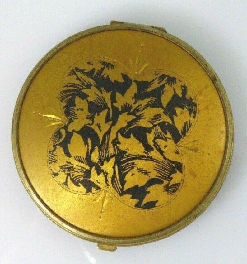 Art Nouveau Flowers Compact Art Deco Gold Black Enamel Celluloid Etched ...