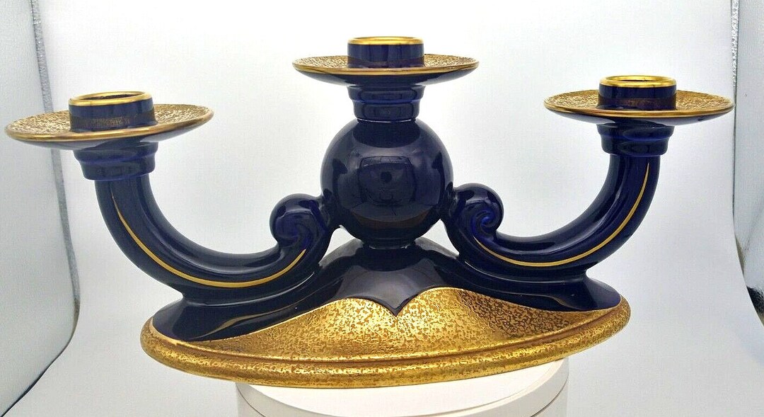 Alka Bavaria Porcelain Candle Holder Triple Cobalt Blue Gold Germany ...