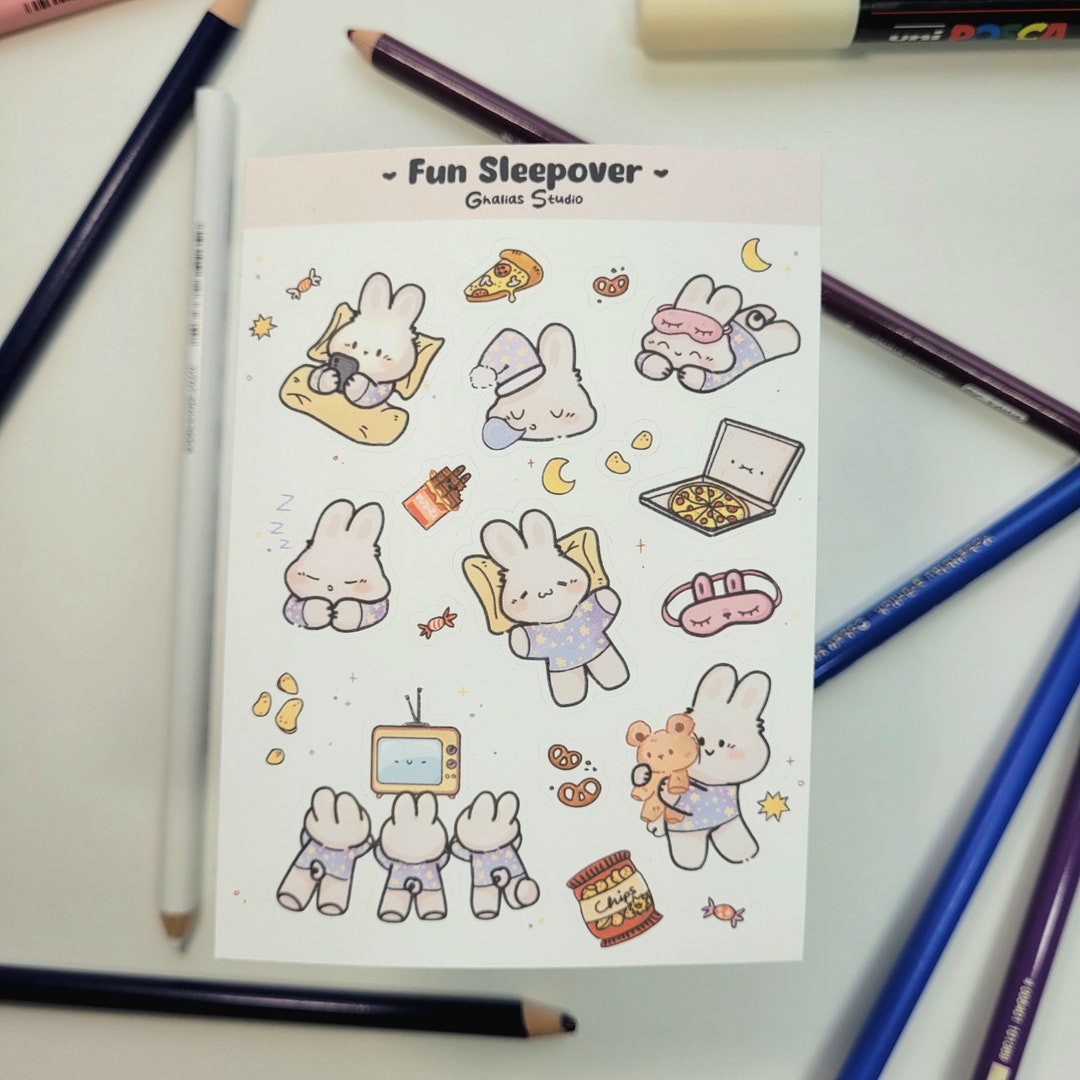 Rabbit Sticker Sheet fun Sleepover, Rabbit Sticker Overnight, Cute - Etsy