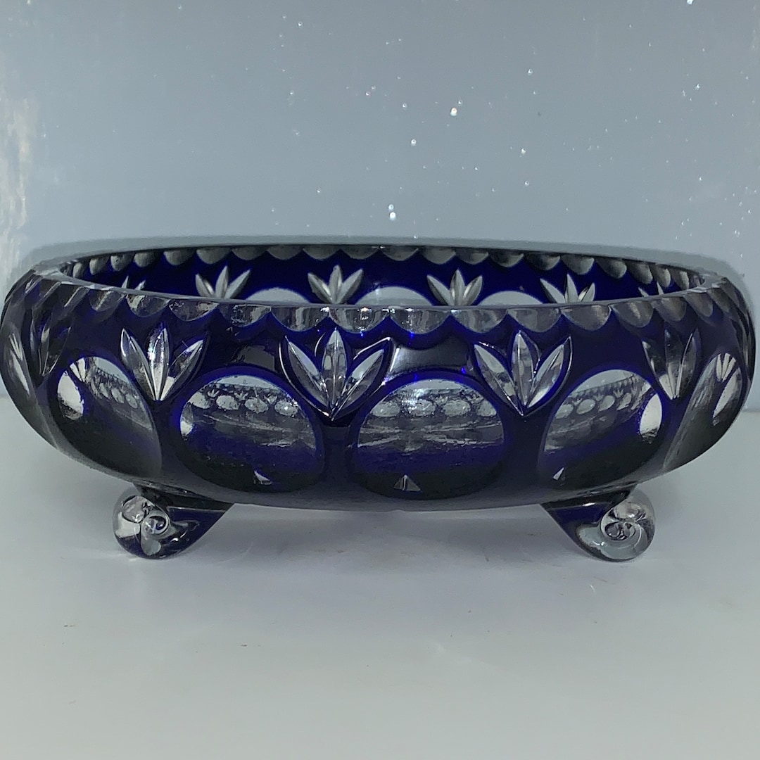 Vintage Blue Cut Glass Bowl - Etsy