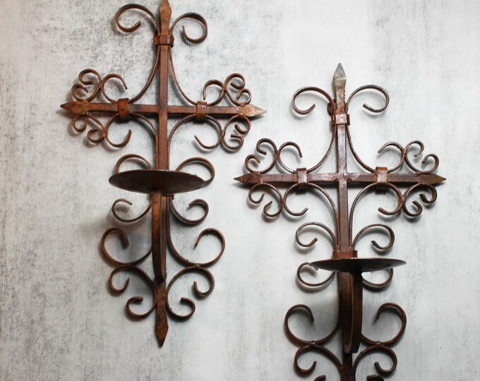 Vintage Rust Rustic Iron Metal Scrolls Cross Wall Sconces Holders for ...