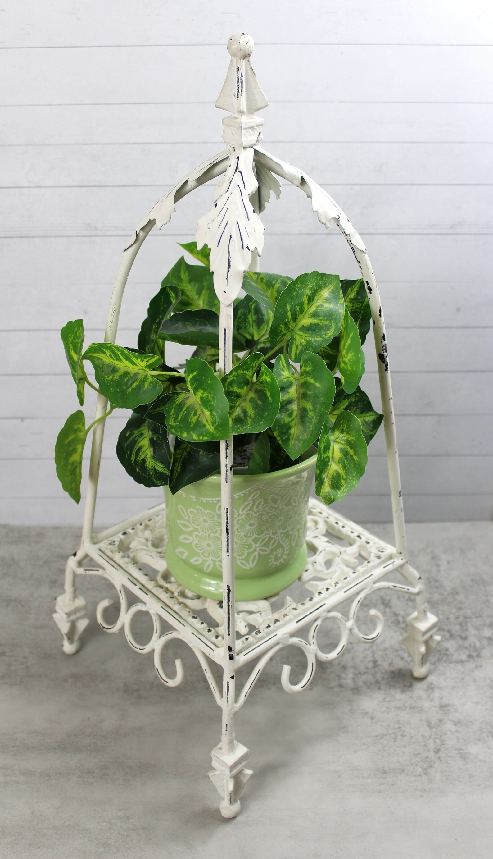 Vintage White Distressed Iron Metal Dome Plant Stand Finial Top Scrolls ...