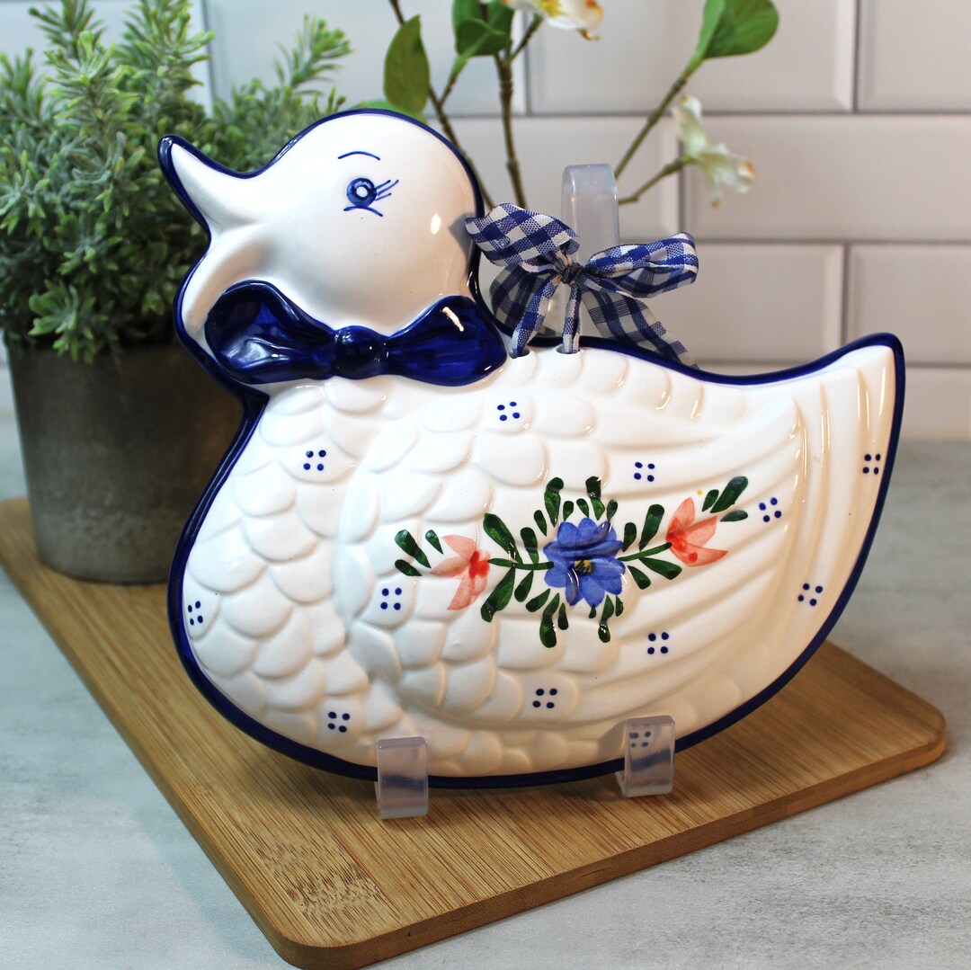 Vintage Duck Wall Plaque Hanging Blue White Ceramic Floral Checked ...
