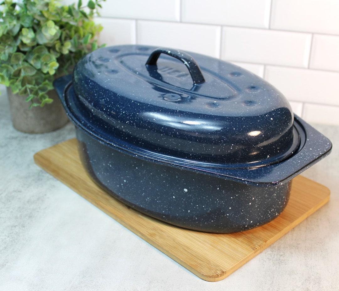 Vintage USA Enamelware Blue Speckled Lidded Roasting Pan Small 13" X 8 ...