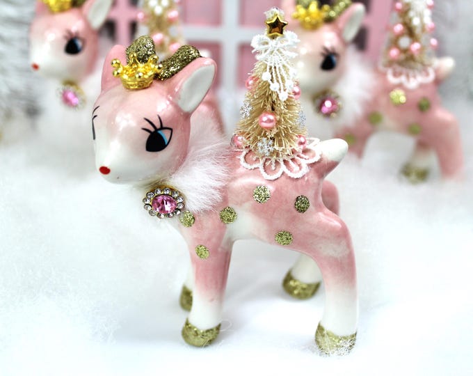 Pink Christmas Deer & Bottle Brush Tree Figurine: Vintage Style ...