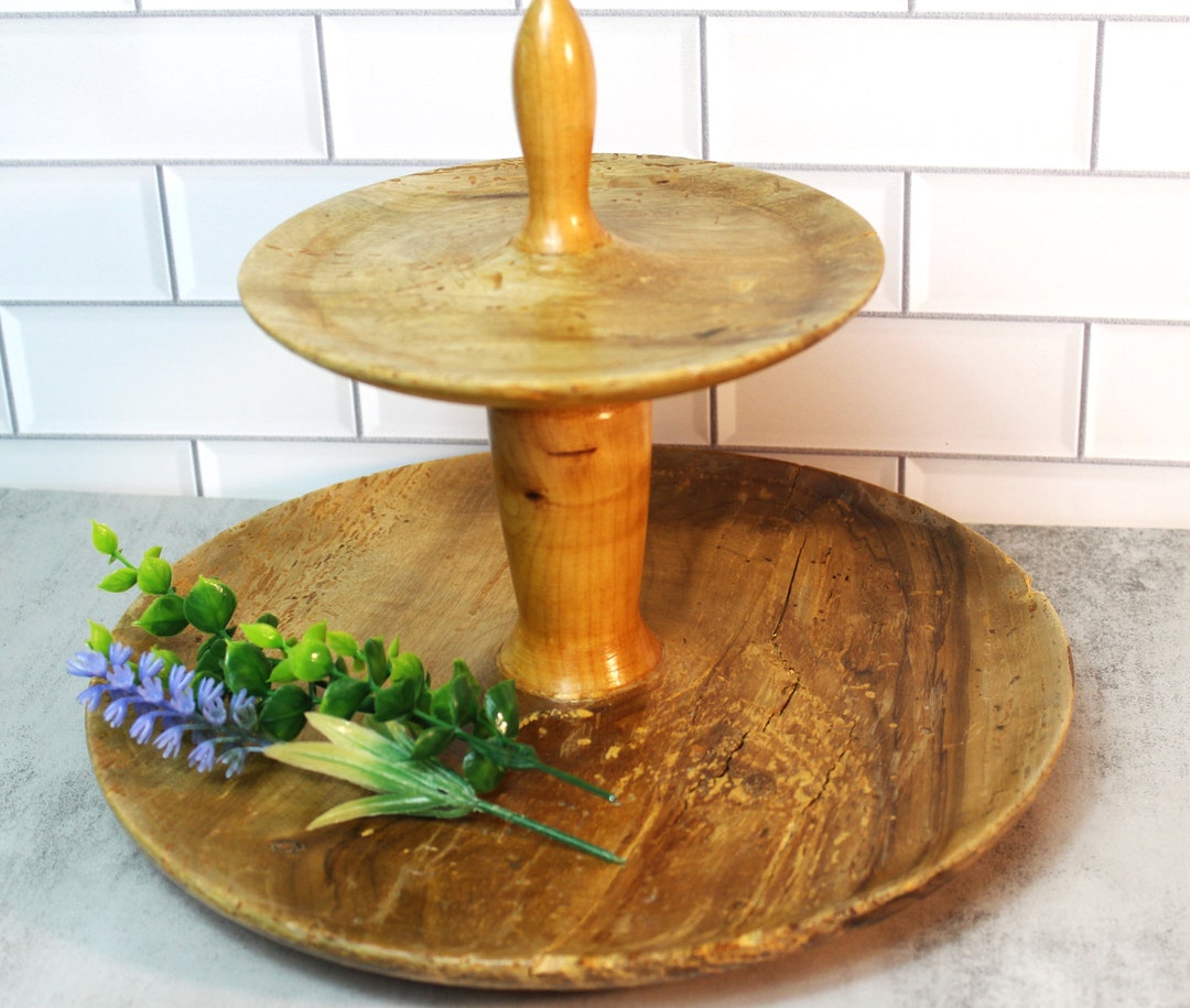 Vintage Two Tier Solid Wood Stand Serving Tray Rustic Farmhouse Cottage ...