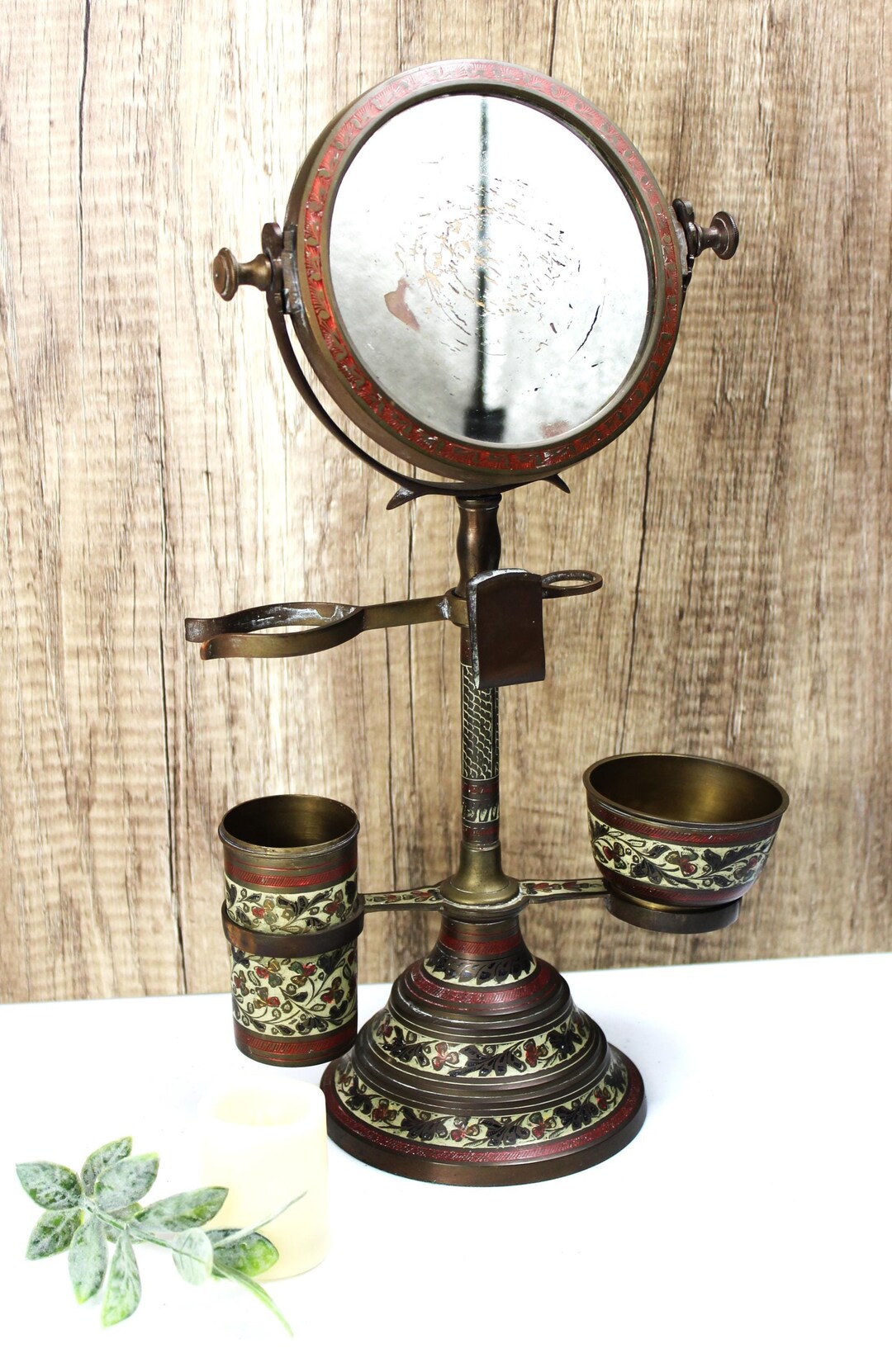 Vintage Etched Brass Shaving Mirror Stand With Cups Brush Holder Razor ...