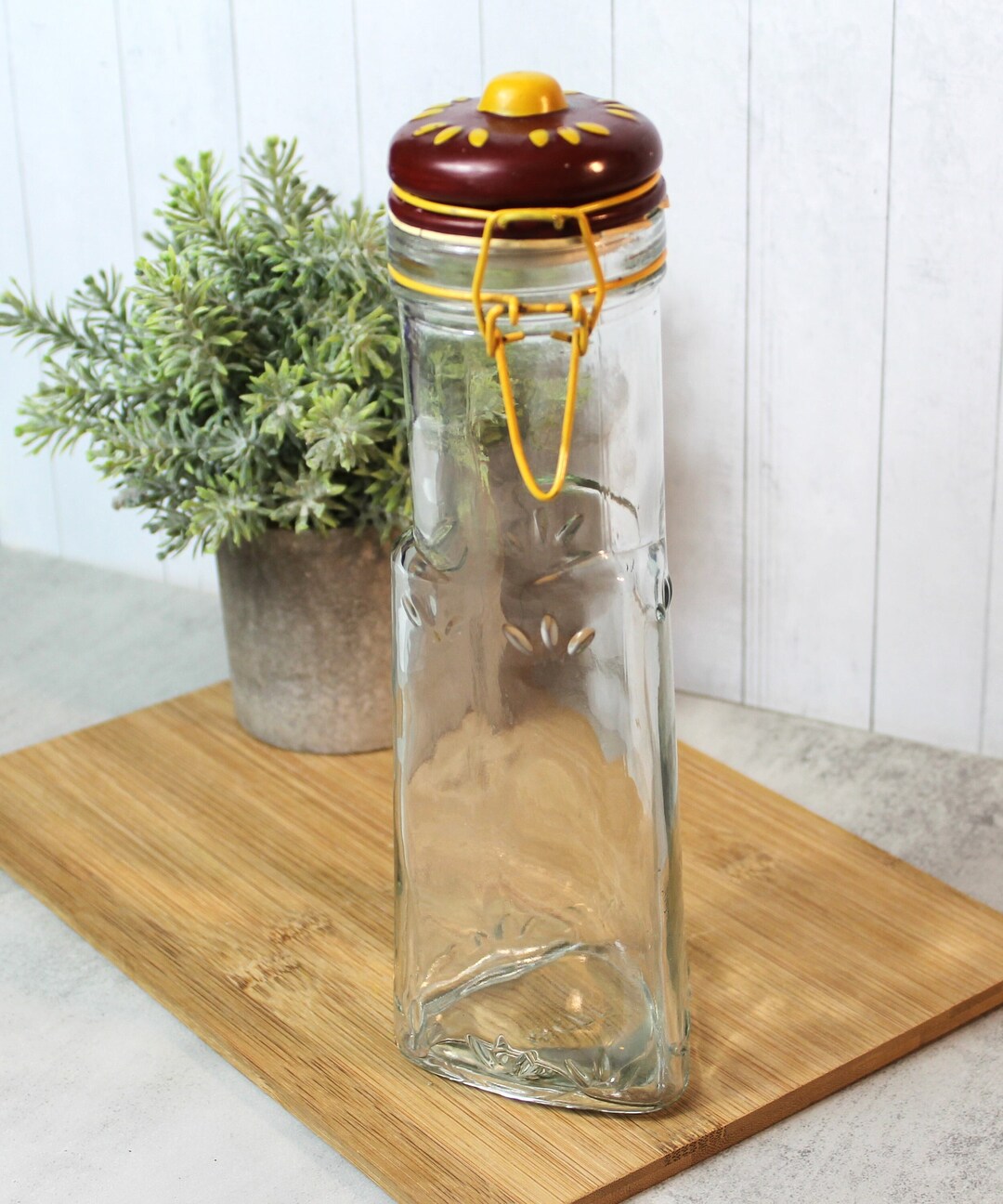 Vintage Glass Canister Bottle Triangular Base Red Yellow Bail & Trigger ...