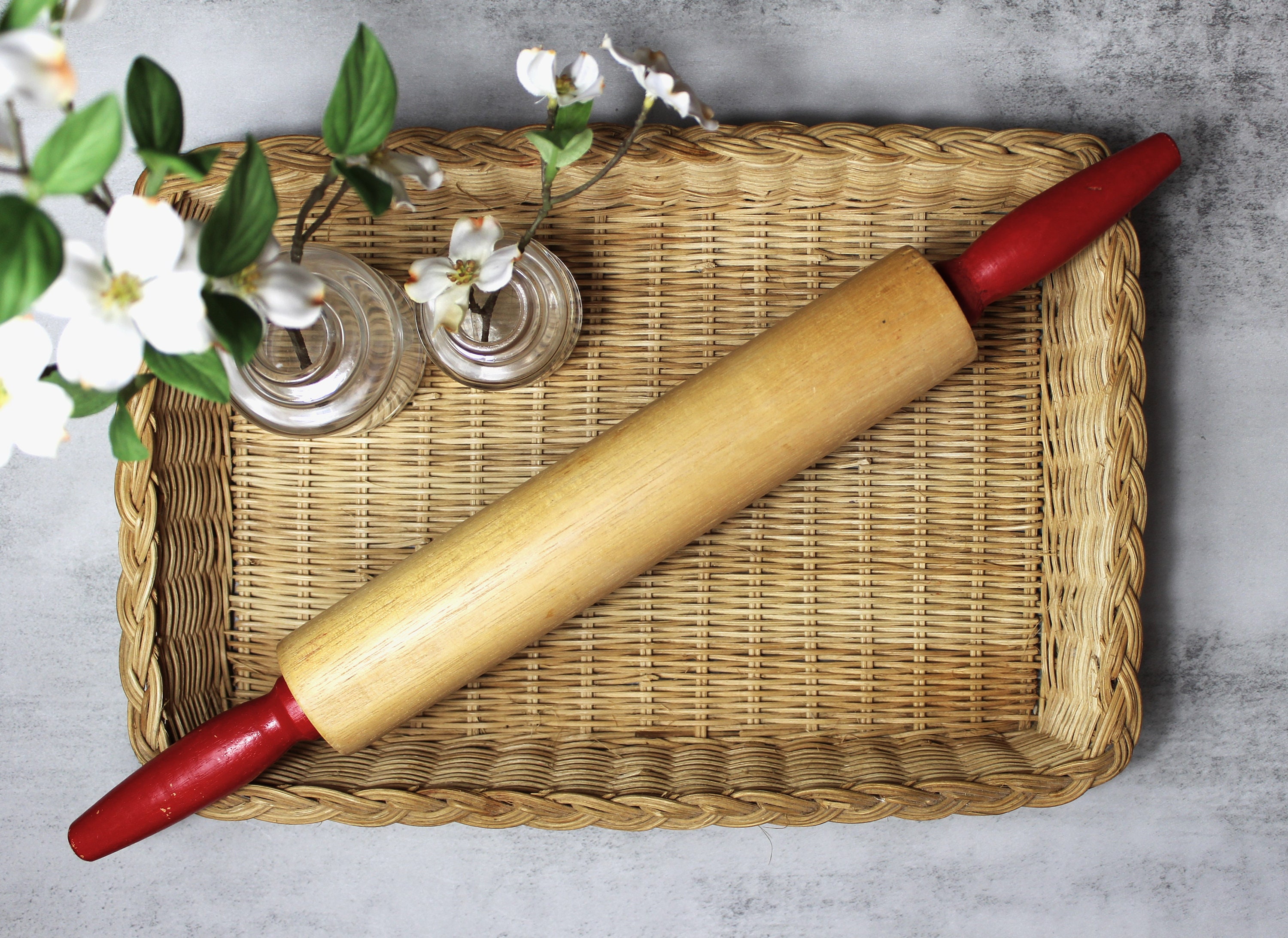 Vintage Wooden Rolling Pin Red Handles - Etsy