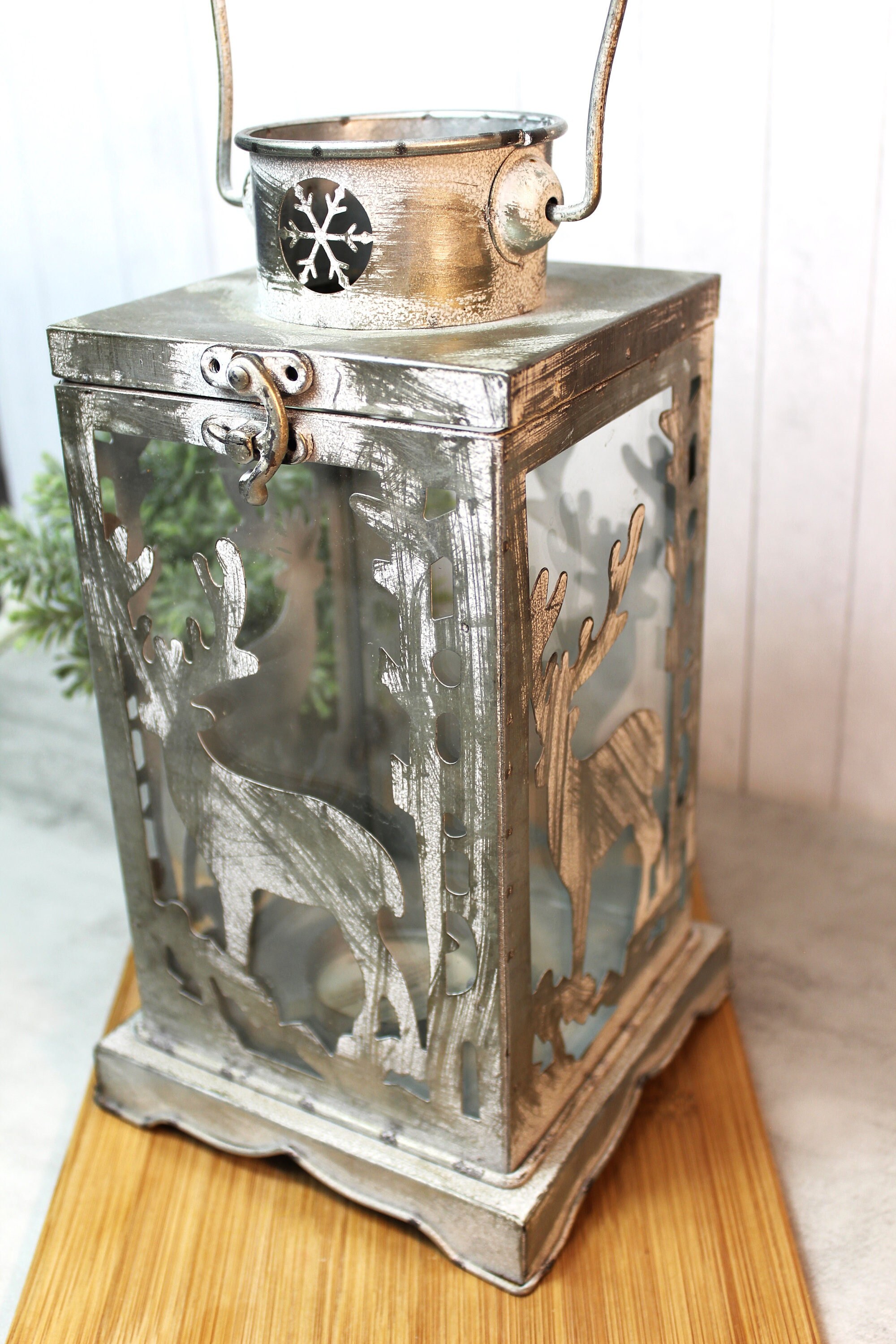 Pier 1 HOLIDAY REINDEER Silver Metal Glass Lantern Tea Light Candle ...