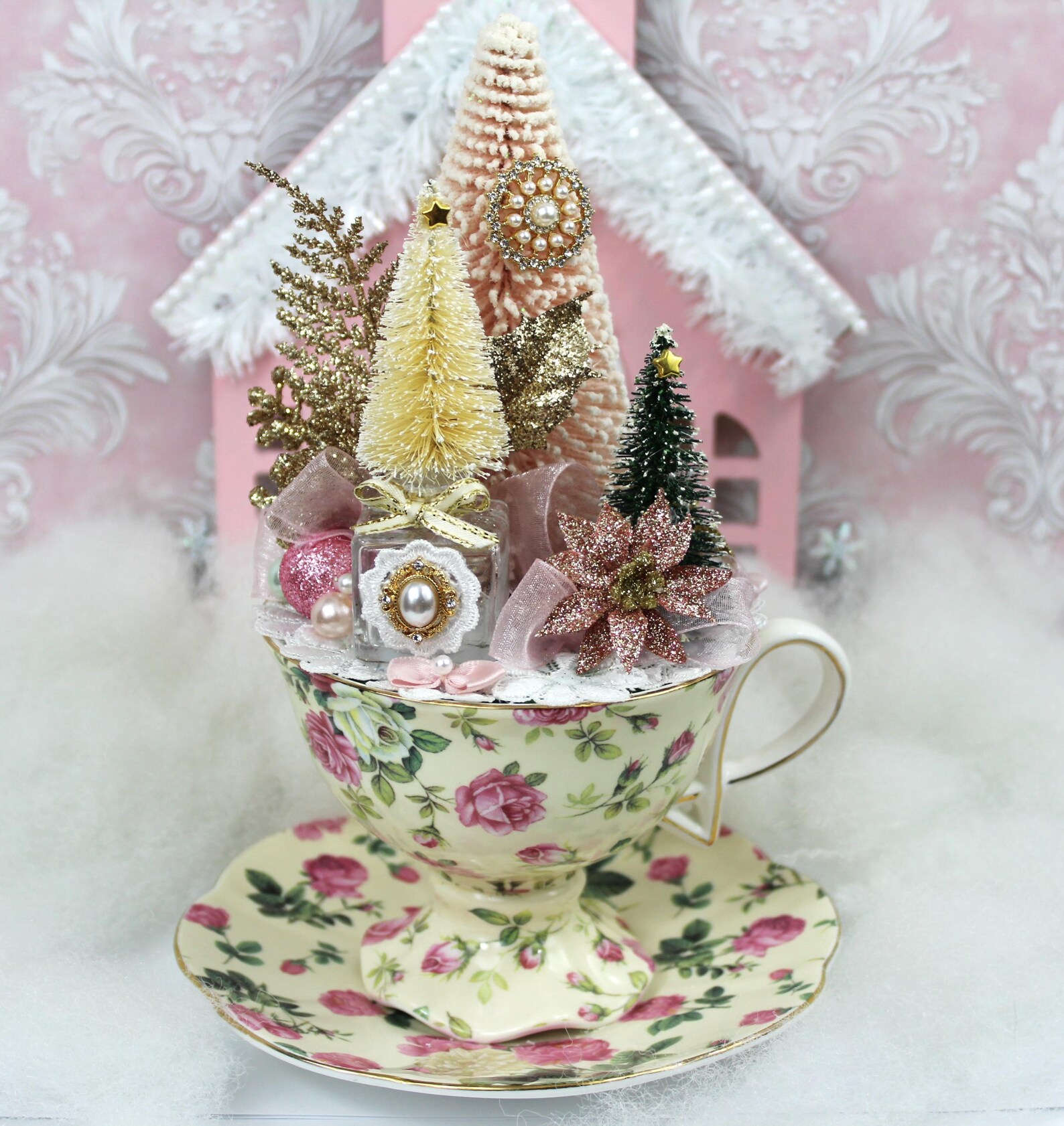 Chintz Teacup Christmas Tree Assemblage: Shabby Chic Holiday Decor - Etsy