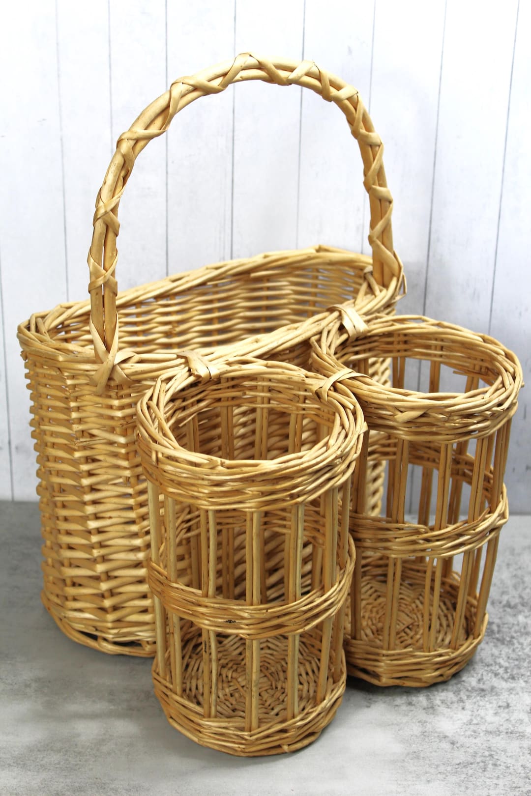 Vintage Wicker Wine Bottle Basket, Two Wine Bottle Holders, Open Basket ...