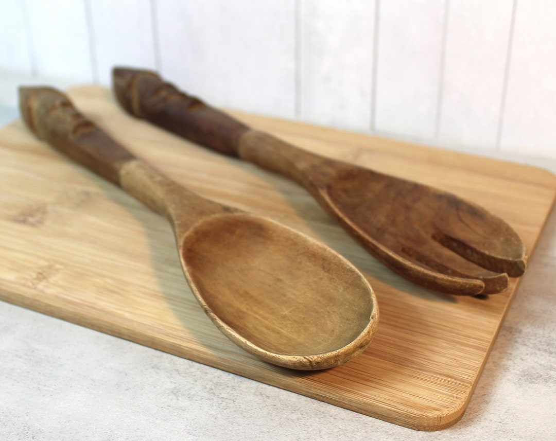 Vintage Haiti Hand Carved Handle Wood Spoon Fork Utensil Set Primitive ...