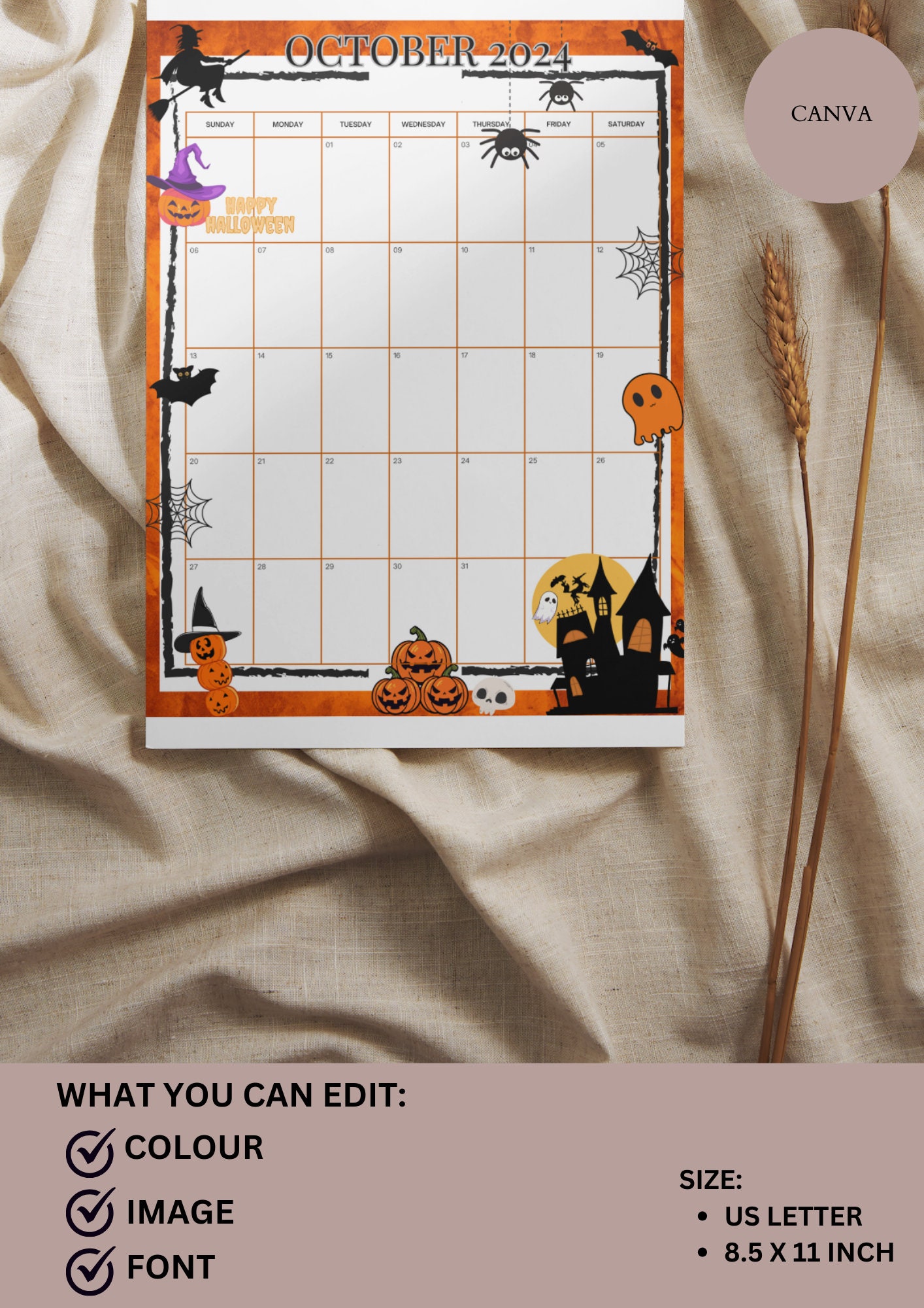 EDITABLE October 2024 Calendar, Printable Kids Calendar 2024, Halloween ...