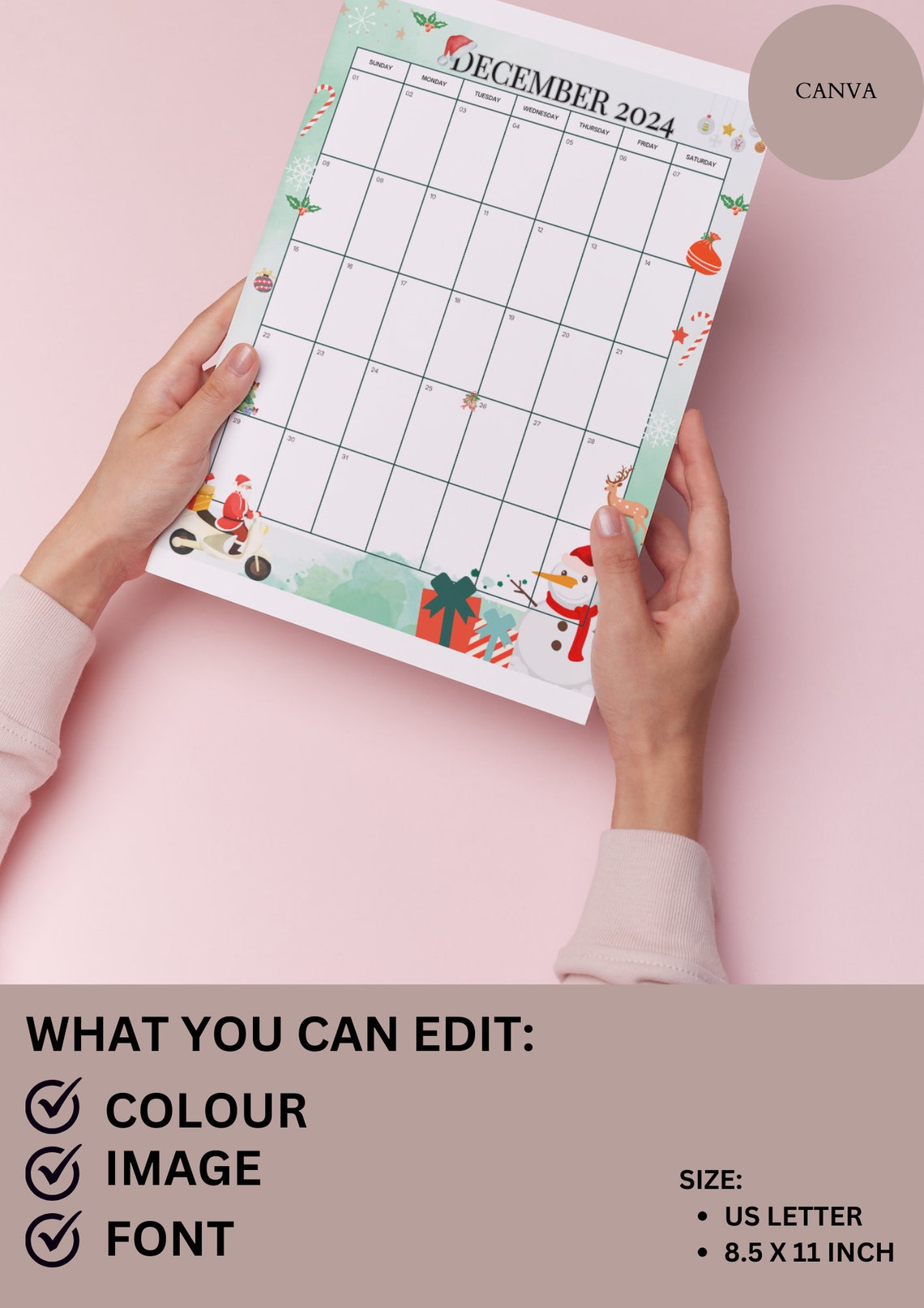 Editable December 2024 Calendar, Fillable, Printable, Merry Christmas ...