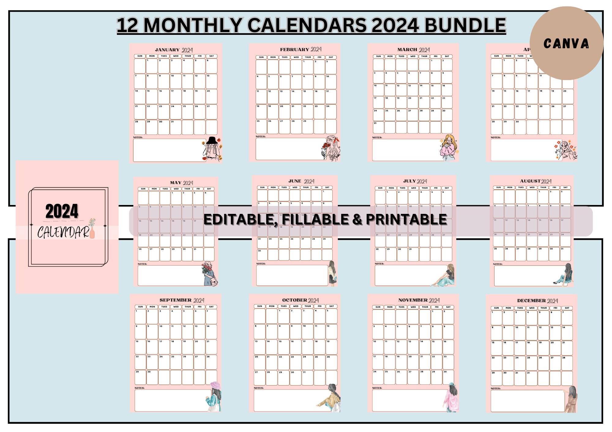 Editable Monthly Calendar 2024 Bundle, January-december, Customizable ...
