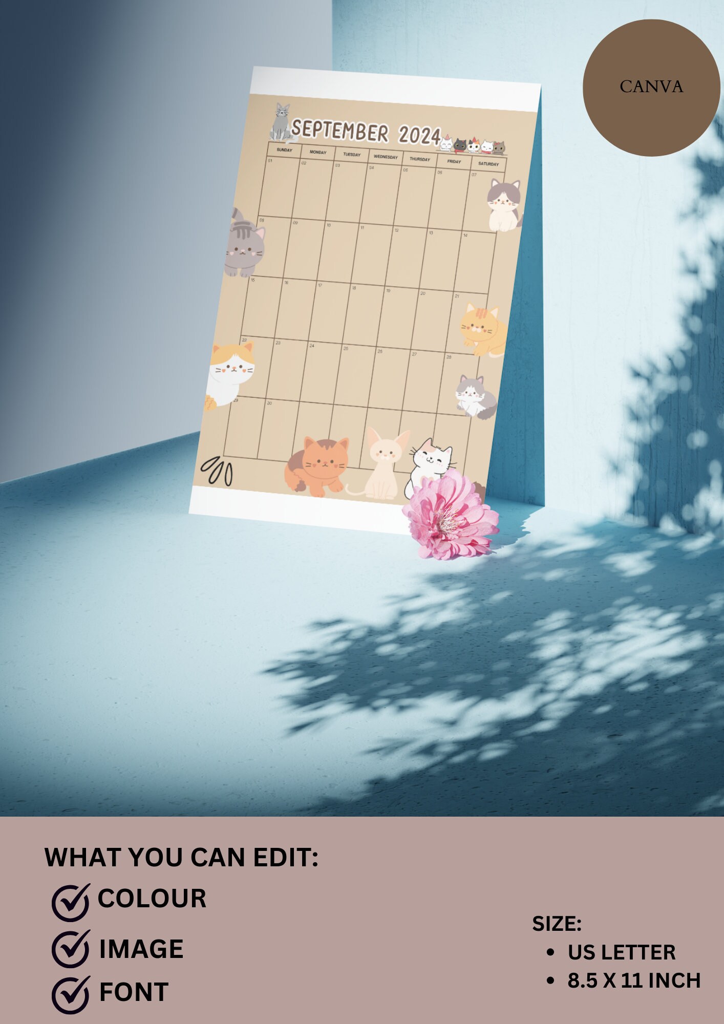 EDITABLE September 2024 Calendar, Cute & Simple Cats, Printable Kids ...